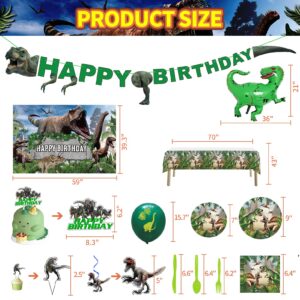 Dinosaur Birthday Party Supplies Decorations Include Backdrop, Tablecloth, Birthday Banners, Cake Decoration, Cupcake Toppers, Latex Balloons, Hanging Swirls, Tableware Set, Aluminum foil Balloon