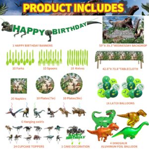 Dinosaur Birthday Party Supplies Decorations Include Backdrop, Tablecloth, Birthday Banners, Cake Decoration, Cupcake Toppers, Latex Balloons, Hanging Swirls, Tableware Set, Aluminum foil Balloon