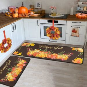 Fall Kitchen Rugs, Fall Decorations for Home Pumpkin Mats Set of 2- Non-Slip Autumn Maple Leaf Floor Mat- Fall Decor Holiday Runner for Home Seasonal Harvest Thanksgiving Decor