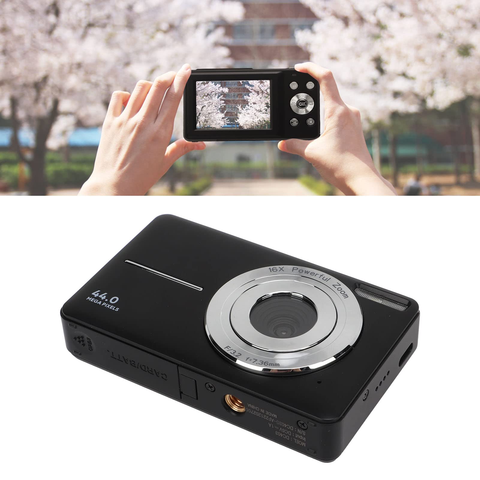 Pocket Digital Camera, 44MP 16X Zoom Autofocus Camera, Compact Portable Camera, 2.4 Inch IPS Display, Manually Focus for Travel, Wedding Ceremonies (Black)