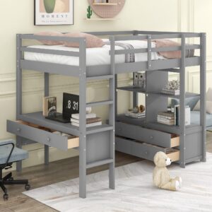 merax twin loft bed with desk and storage, wood bed frame with multi-drawers and shelves, adjustable direction design, for teens adults (grey)