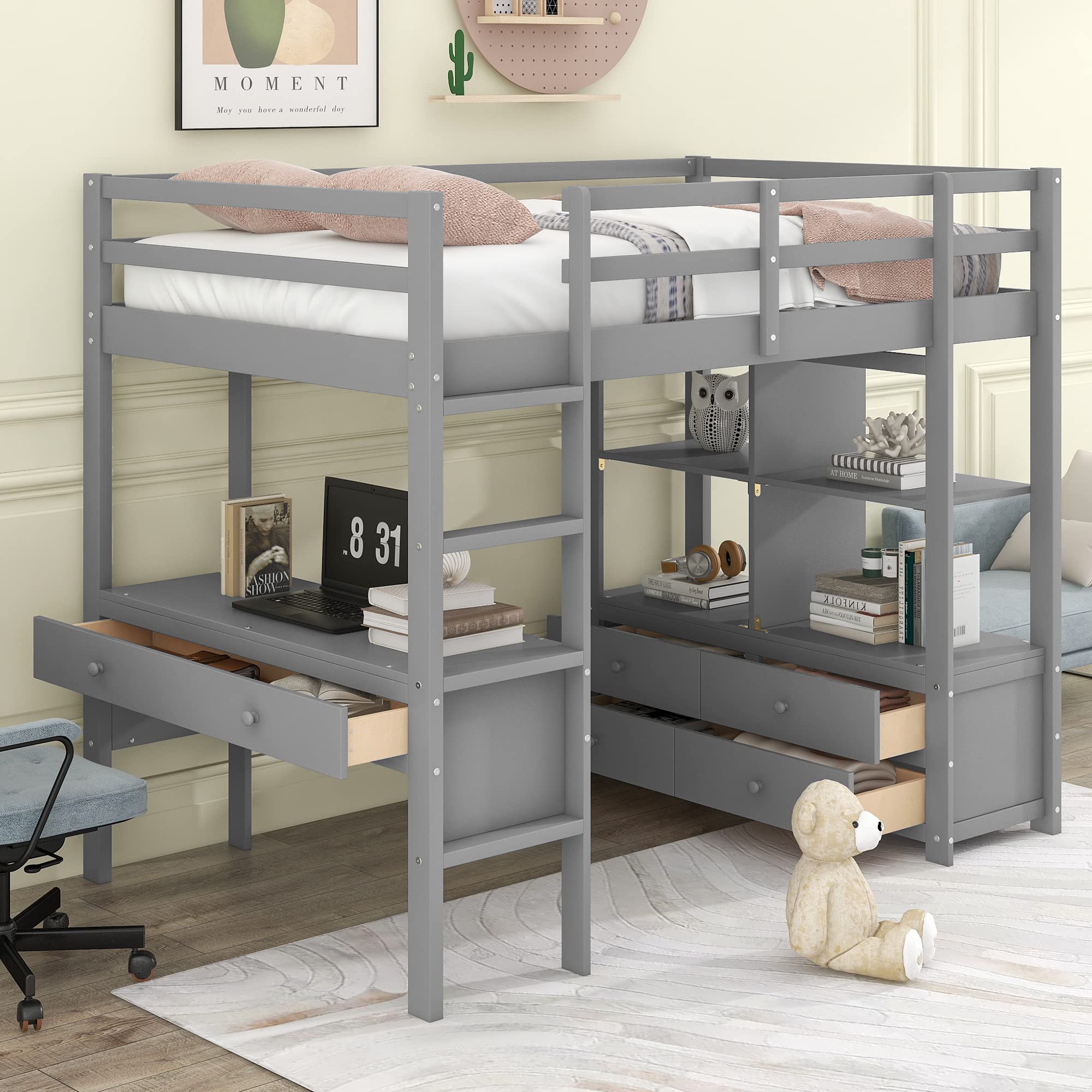 Merax Twin Loft Bed with Desk and Storage, Wood Bed Frame with Multi-Drawers and Shelves, Adjustable Direction Design, for Teens Adults (Grey)