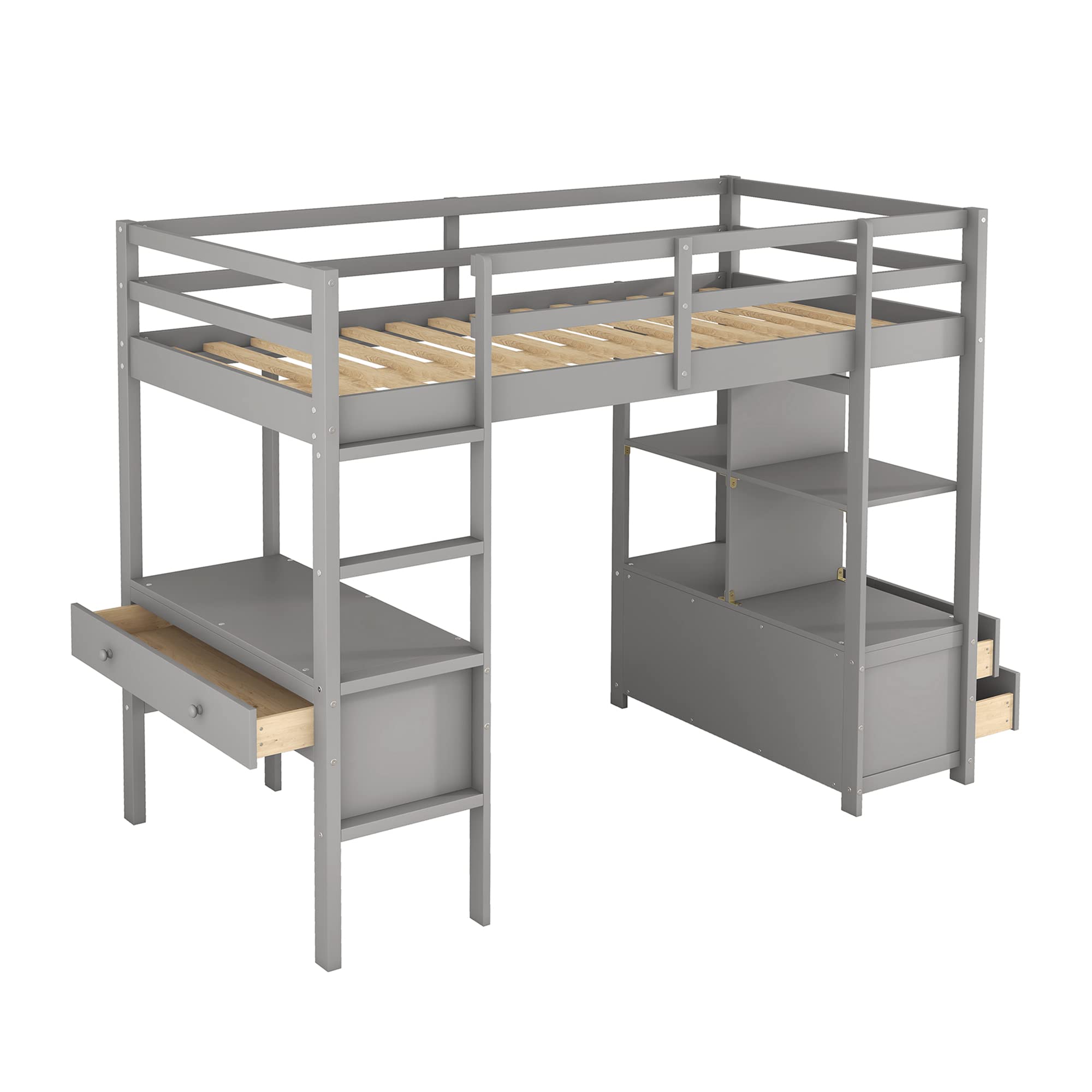 Merax Twin Loft Bed with Desk and Storage, Wood Bed Frame with Multi-Drawers and Shelves, Adjustable Direction Design, for Teens Adults (Grey)