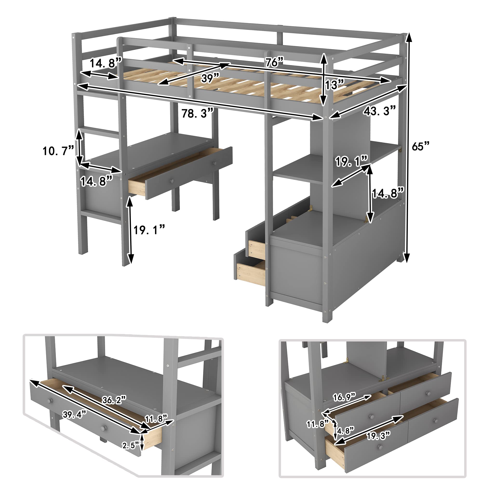 Merax Twin Loft Bed with Desk and Storage, Wood Bed Frame with Multi-Drawers and Shelves, Adjustable Direction Design, for Teens Adults (Grey)