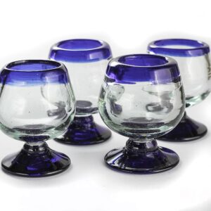 mextequil - authentic mexican tequila hand blown shot glasses - set of 4-2 oz - mini glass snifters - heavy base - cognac (cobalt blue rim)