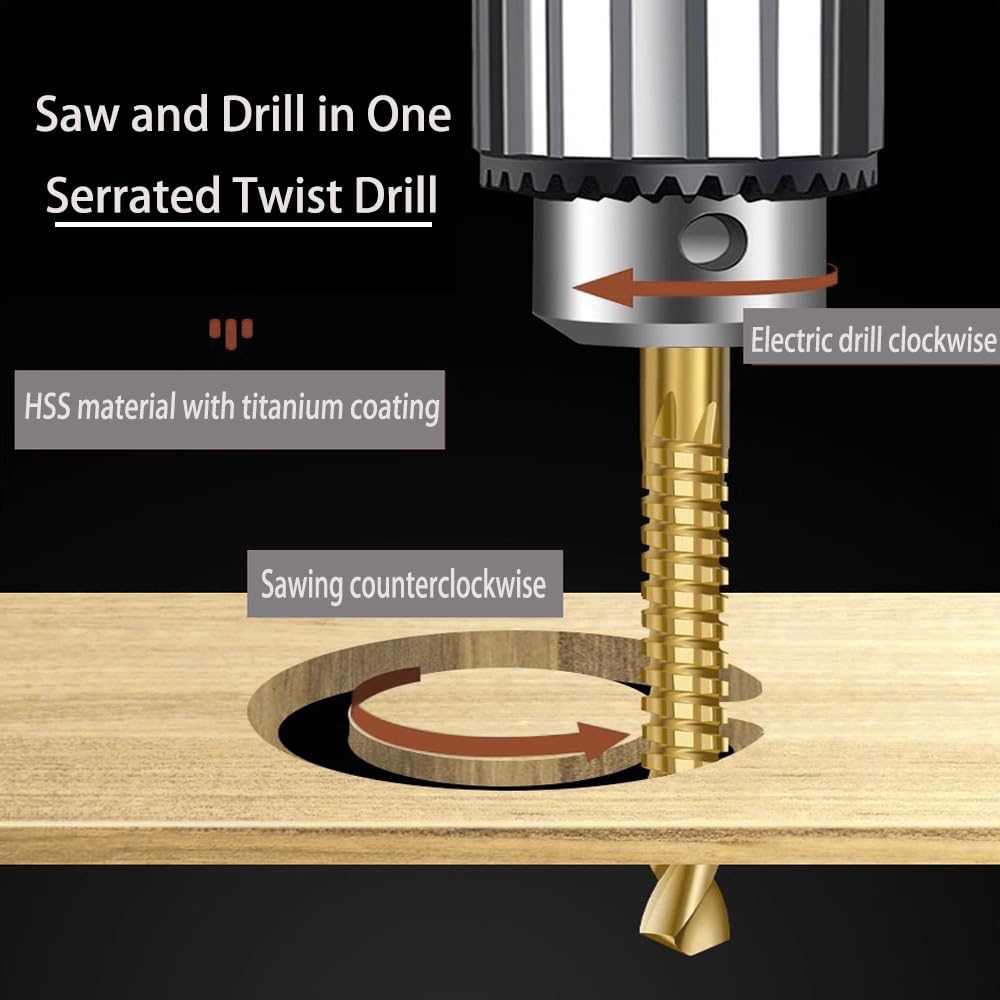 Serrated Twist Drill Bits, 6PcsTitanium Coated HSS Drill Bit(3-8mm) for Woodworking Wood Metal Plastic - Fast, Efficient, and Durable - Includes Serrated Grooving, Cutting, Drilling and More