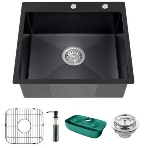 black kitchen sink, stainless steel topmount bar sink 25x22x9 inch single bowl drop in kitchen sink combo-sink grid,soap dispenser,faucet mat,drain strainer set for modern single basin kitchen sink