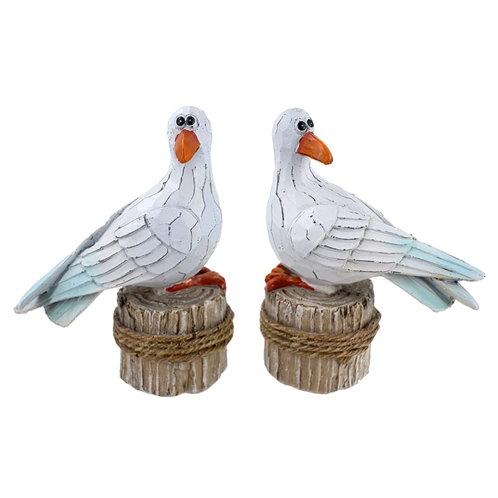 The Bridge Collection Small Rustic Resin Seagull Figurine Sculptures - Set of 2 - Carved Sea Bird on Piling Tabletop Decorations for Coastal Beach Home Decor