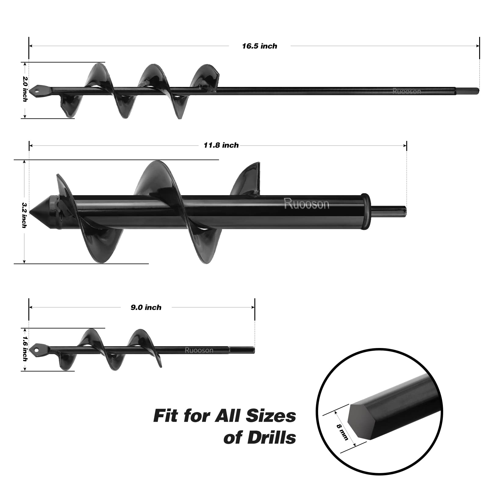 3Pcs Garden Drill Auger Planter, 1.6x9 +2x16.5 +3.2x11.8 in>Ruooson Spiral Drill Auger for Planting Flower Bulb Auger, Rapid Planter Digger for 3/8" Hex Drive Drill. (1.6x9 in+2x16.5 in+3.2x11.8 in)