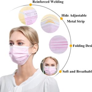 100PCS(2-Box) Cute Pink Disposable Earloop Face Masks for Adults,3-Ply Fabric (2-Layer Non-Woven,1-Layer Melt-Blown)w. Nose Clip,Anti-Dust,Water Proof,Single General Use (Other Color-Style Available).