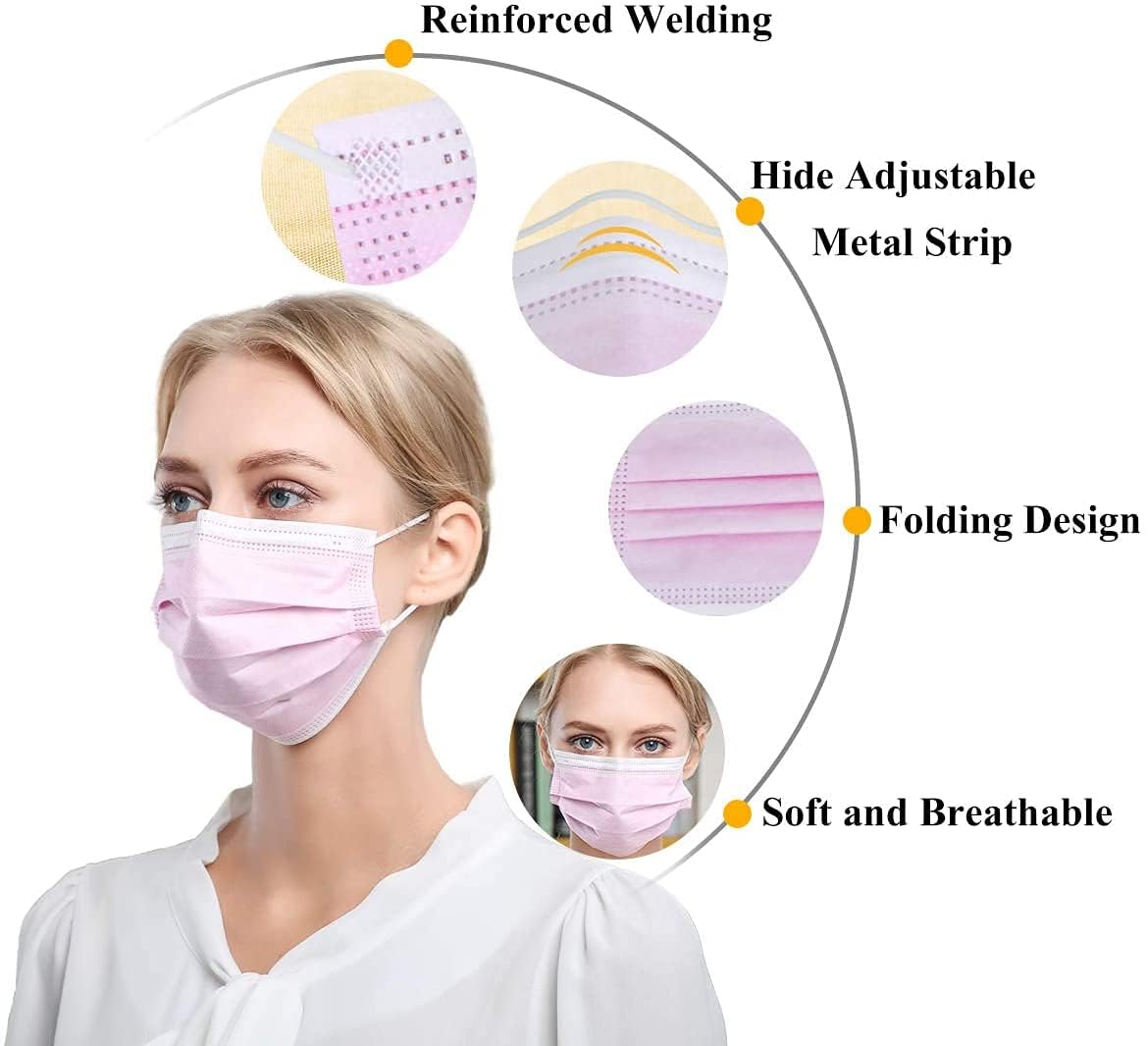 100PCS(2-Box) Cute Pink Disposable Earloop Face Masks for Adults,3-Ply Fabric (2-Layer Non-Woven,1-Layer Melt-Blown)w. Nose Clip,Anti-Dust,Water Proof,Single General Use (Other Color-Style Available).