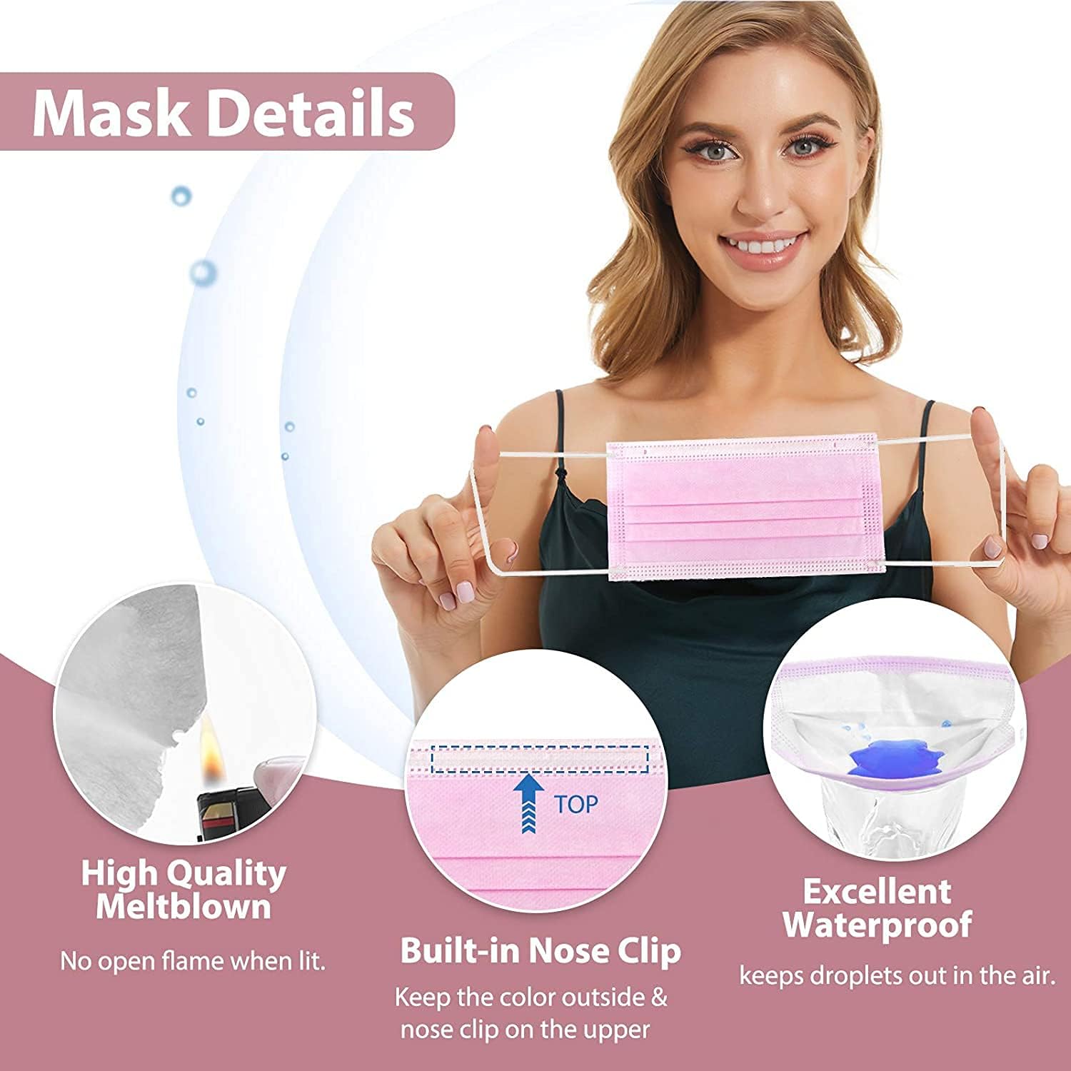 100PCS(2-Box) Cute Pink Disposable Earloop Face Masks for Adults,3-Ply Fabric (2-Layer Non-Woven,1-Layer Melt-Blown)w. Nose Clip,Anti-Dust,Water Proof,Single General Use (Other Color-Style Available).