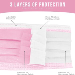 100PCS(2-Box) Cute Pink Disposable Earloop Face Masks for Adults,3-Ply Fabric (2-Layer Non-Woven,1-Layer Melt-Blown)w. Nose Clip,Anti-Dust,Water Proof,Single General Use (Other Color-Style Available).