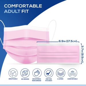 100PCS(2-Box) Cute Pink Disposable Earloop Face Masks for Adults,3-Ply Fabric (2-Layer Non-Woven,1-Layer Melt-Blown)w. Nose Clip,Anti-Dust,Water Proof,Single General Use (Other Color-Style Available).