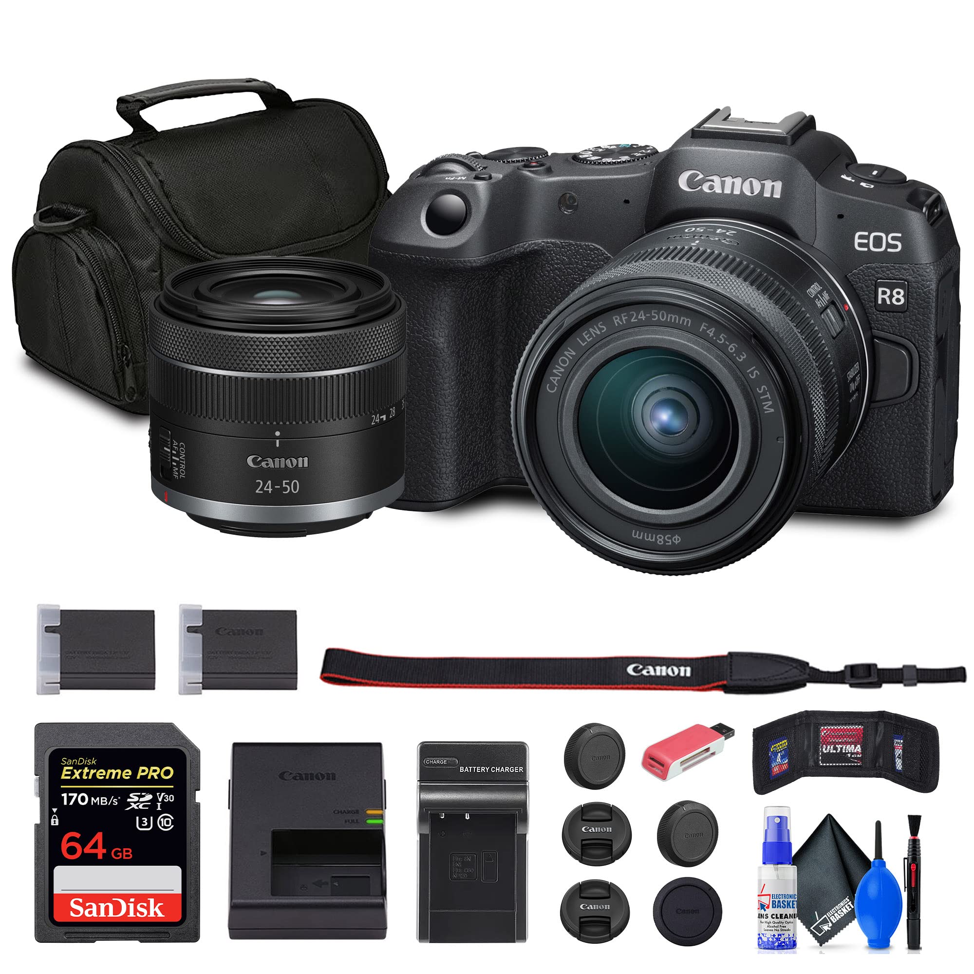 Canon EOS R8 Mirrorless Camera with RF 24-50mm f/4.5-6.3 is STM Lens (5803C012) + 64GB Memory Card + Bag + Charger + LPE17 Battery + Card Reader + Memory Wallet + Cleaning Kit (Renewed)