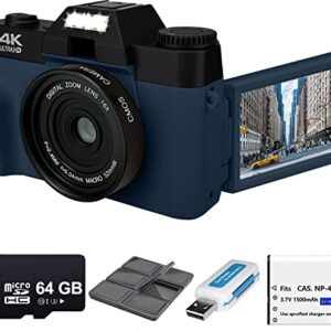 eDealz 4K 48MP Digital Camera Photography with 3’’ 180° Flip Screen, WiFi, 16X Zoom, Rechargeable Battery, 64GB Micro SD Card, 6 PC Card Holder USB Card Reader (Navy)