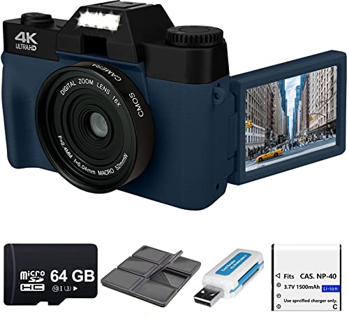 eDealz 4K 48MP Digital Camera Photography with 3’’ 180° Flip Screen, WiFi, 16X Zoom, Rechargeable Battery, 64GB Micro SD Card, 6 PC Card Holder USB Card Reader (Navy)