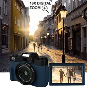 eDealz 4K 48MP Digital Camera Photography with 3’’ 180° Flip Screen, WiFi, 16X Zoom, Rechargeable Battery, 64GB Micro SD Card, 6 PC Card Holder USB Card Reader (Navy)