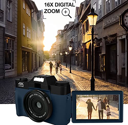 eDealz 4K 48MP Digital Camera Photography with 3’’ 180° Flip Screen, WiFi, 16X Zoom, Rechargeable Battery, 64GB Micro SD Card, 6 PC Card Holder USB Card Reader (Navy)