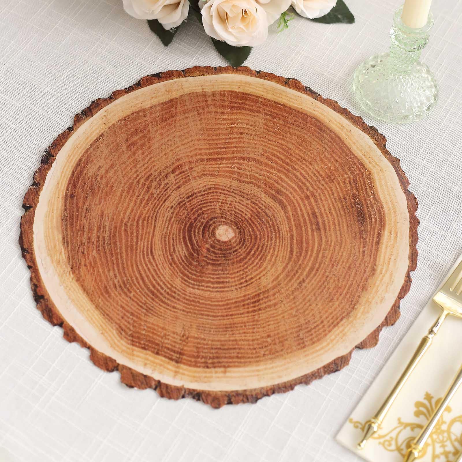 Efavormart 6 Pack | 13" Rustic Natural Wood Slice Design Disposable Serving Trays, Round Farmhouse Paper Charger Plates