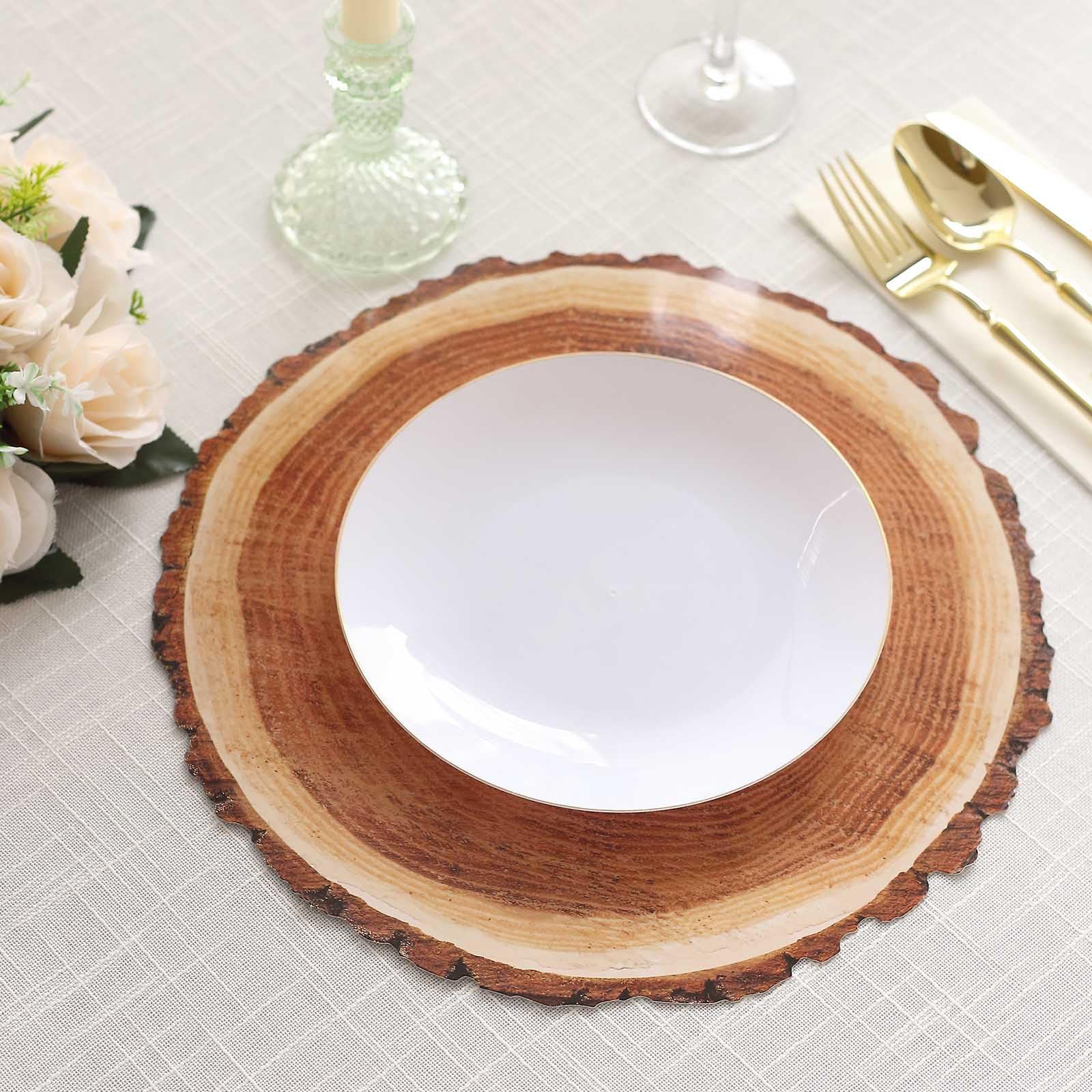 Efavormart 6 Pack | 13" Rustic Natural Wood Slice Design Disposable Serving Trays, Round Farmhouse Paper Charger Plates