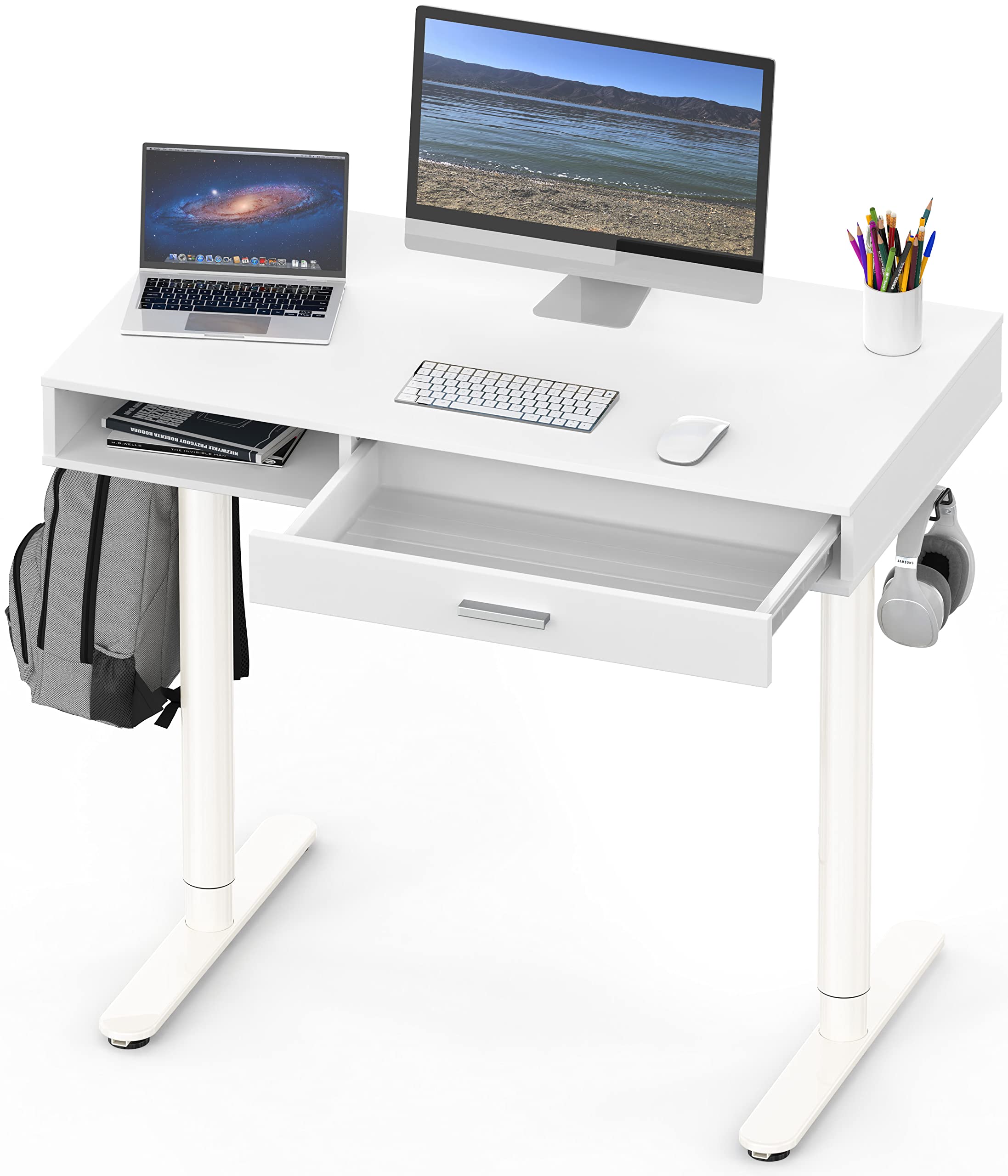 SHW Claire 40-Inch Height Adjustable Electric Standing Desk with Drawer, White