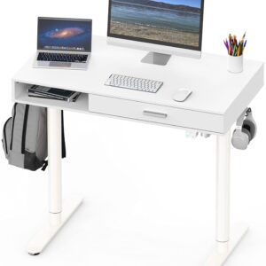 SHW Claire 40-Inch Height Adjustable Electric Standing Desk with Drawer, White