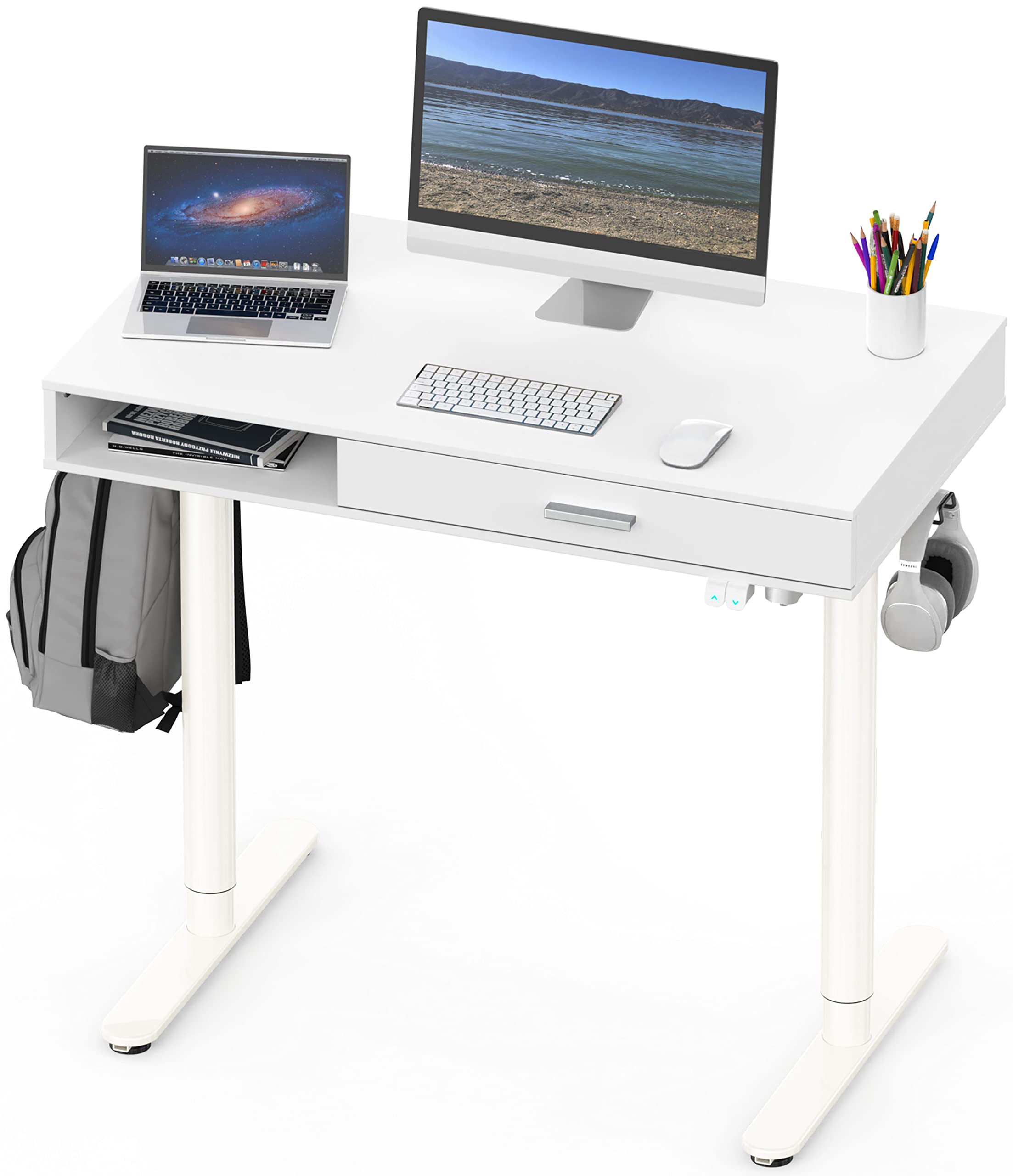 SHW Claire 40-Inch Height Adjustable Electric Standing Desk with Drawer, White