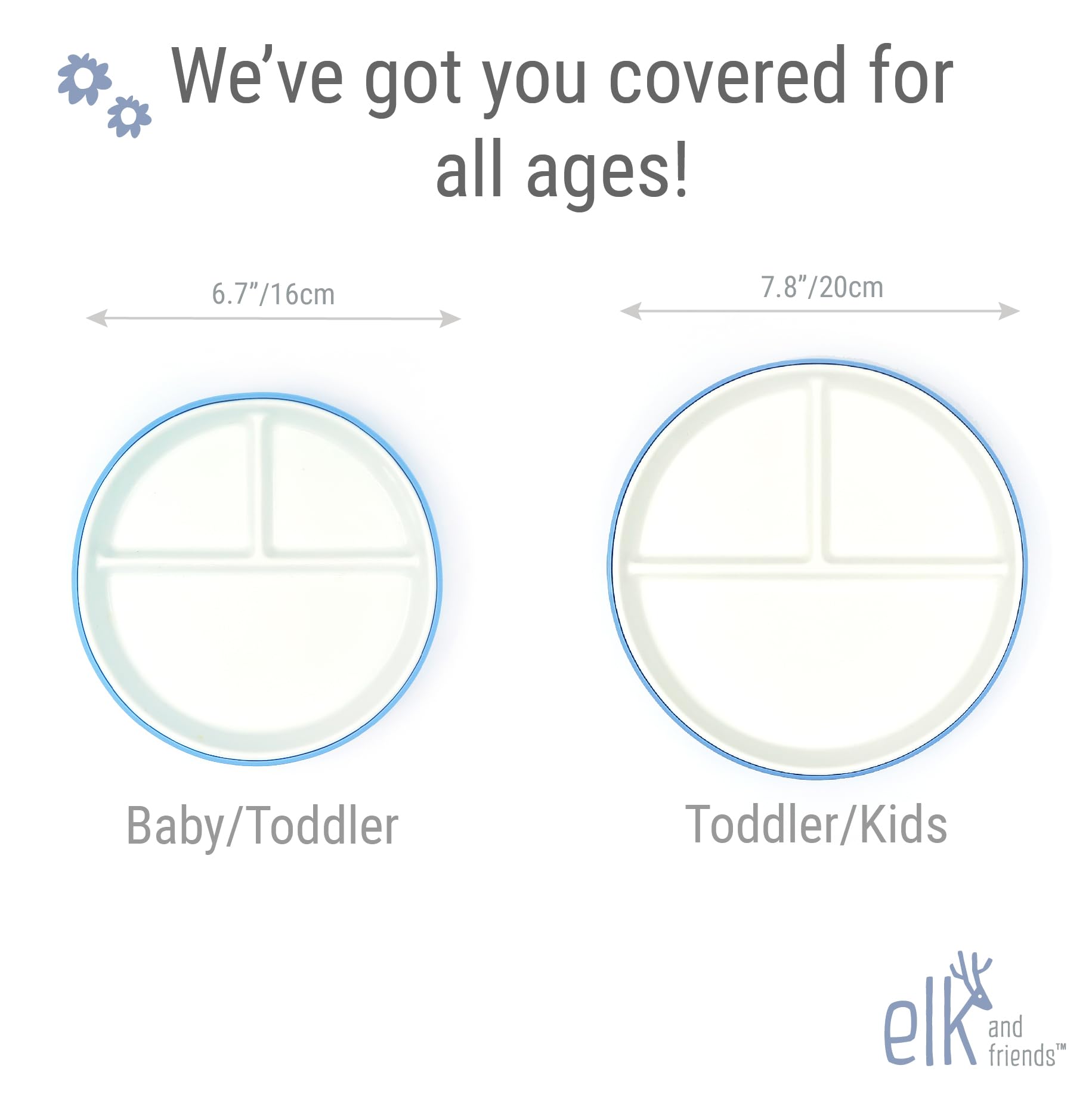 Elk and Friends Kids 7.8” Porcelain White Plates with Silicone Sleeves | Divided Plates | Suitable for Kids/Toddlers | Microwave & Dishwasher Safe | Non Slip | Snack Dishes…