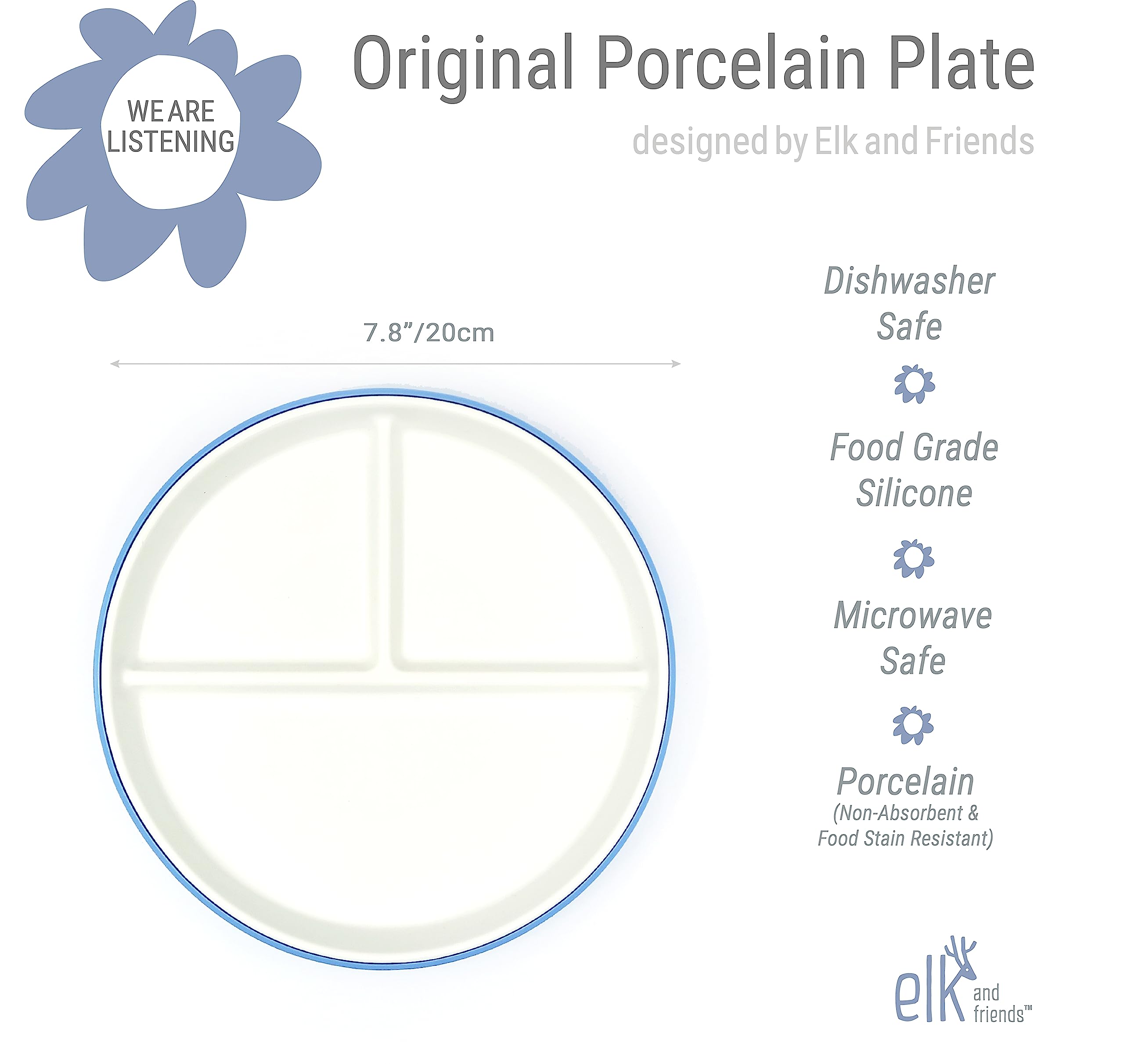 Elk and Friends Kids 7.8” Porcelain White Plates with Silicone Sleeves | Divided Plates | Suitable for Kids/Toddlers | Microwave & Dishwasher Safe | Non Slip | Snack Dishes…