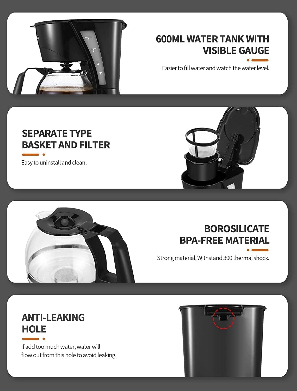 Gevi 4 Cups Small Coffee Maker, Compact Coffee Machine with Reusable Filter, Warming Plate and Coffee Pot for Home and Office