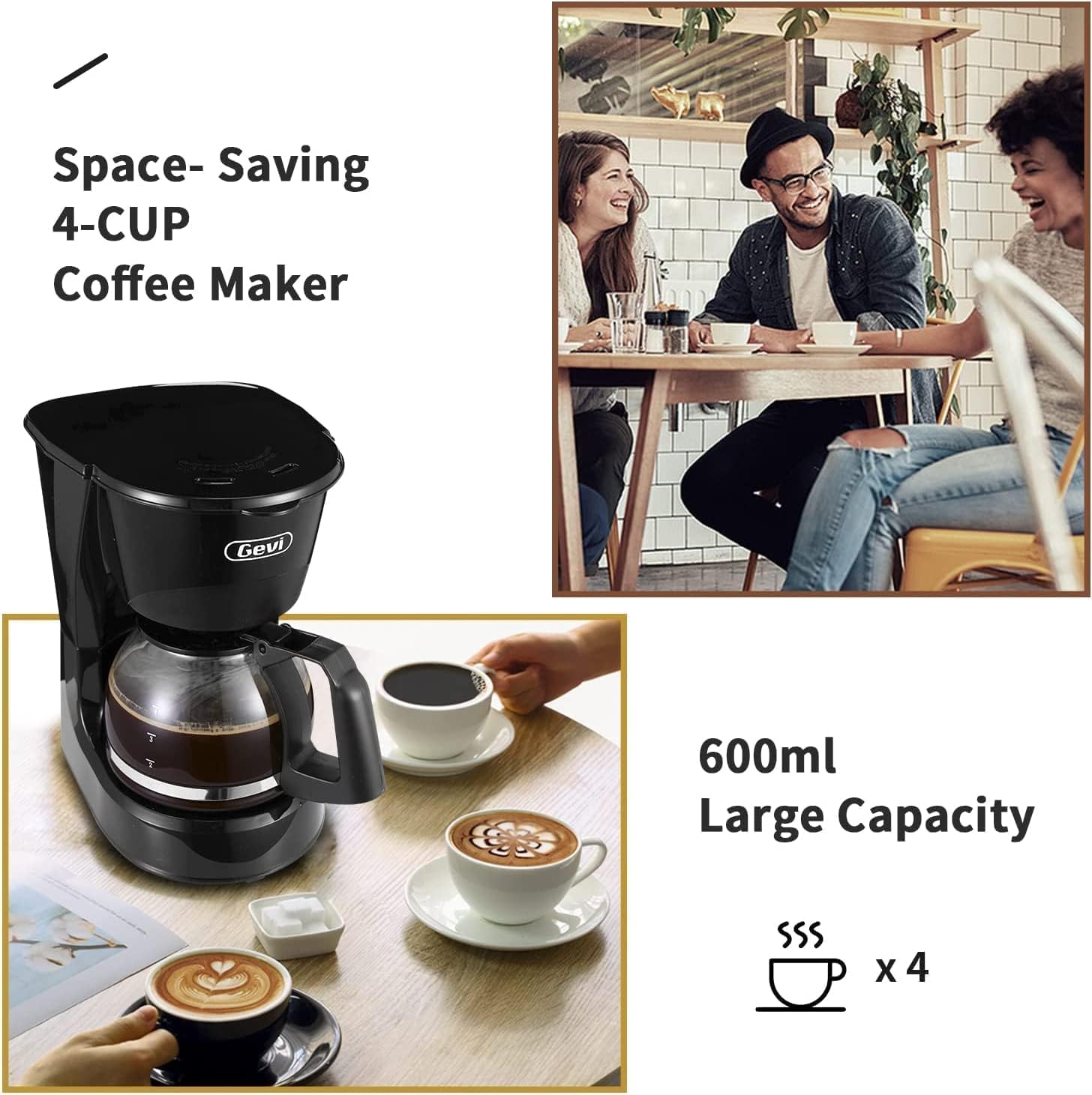 Gevi 4 Cups Small Coffee Maker, Compact Coffee Machine with Reusable Filter, Warming Plate and Coffee Pot for Home and Office