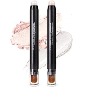 newbang 2pcs eyeshadow stick,champagne white shimmer eye shadow pencil brightener inner corner eye liner crayon highlighter cream metallic waterproof longlasting lying silkworm makeup with brush set