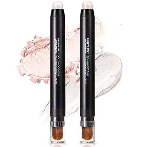 NewBang 2PCS Eyeshadow Stick,Champagne White Shimmer Eye Shadow Pencil Brightener Inner Corner Eye Liner Crayon Highlighter Cream Metallic Waterproof Longlasting Lying Silkworm Makeup with Brush Set