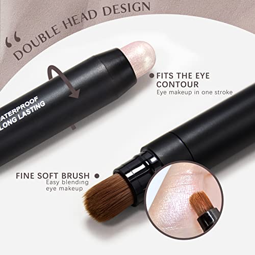 NewBang 2PCS Eyeshadow Stick,Champagne White Shimmer Eye Shadow Pencil Brightener Inner Corner Eye Liner Crayon Highlighter Cream Metallic Waterproof Longlasting Lying Silkworm Makeup with Brush Set