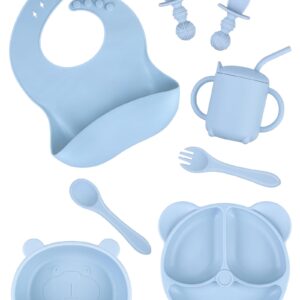 OFUN 8 Pack Silicone Toddler Feeding Set, Baby Led Weaning Supplies with Adjustable Bib, Divided Suction Plate, Bowl and a Sippy Cup, with 2 Spoon, 2 Folk, Eating Utensil for 6+ Months