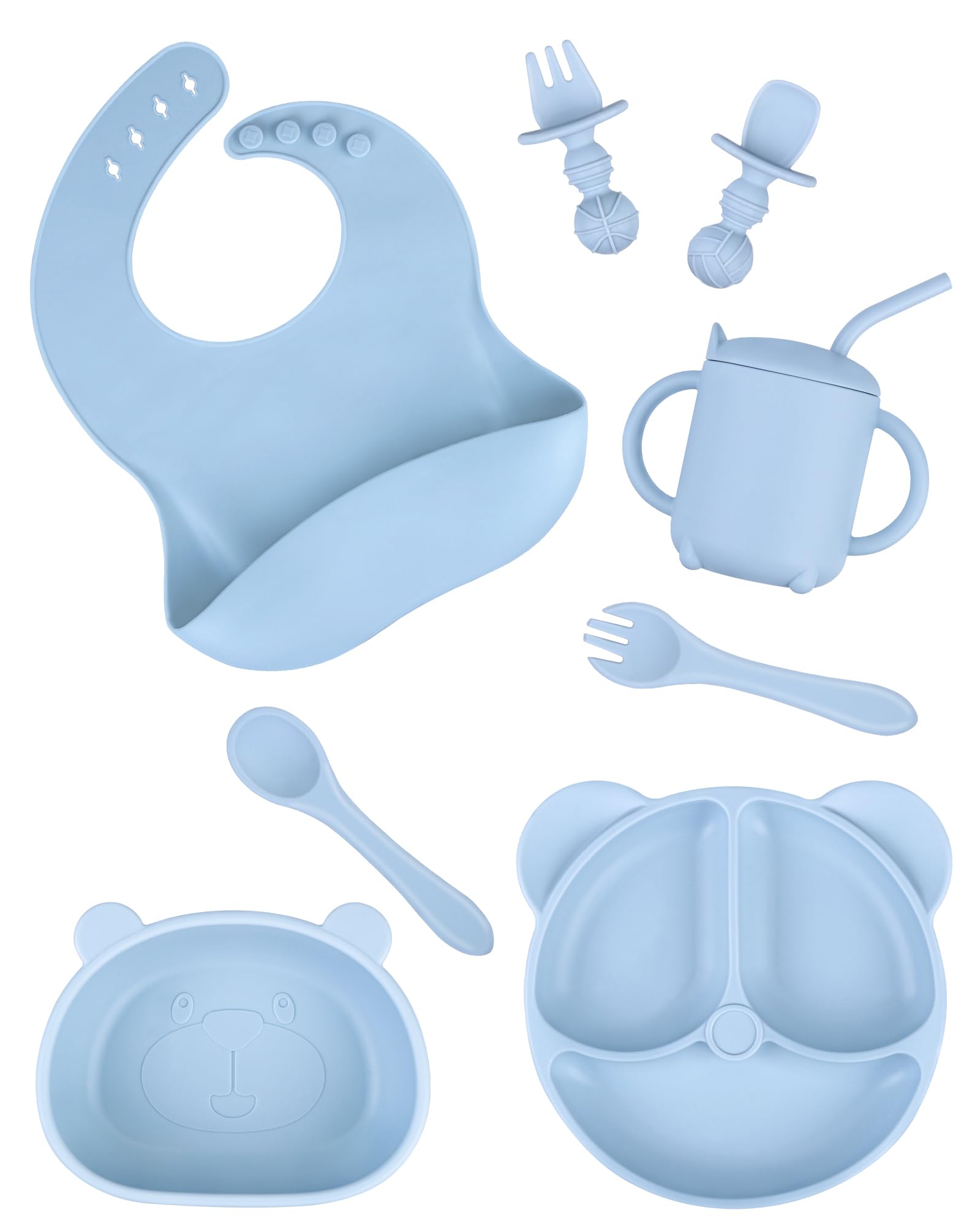 OFUN 8 Pack Silicone Toddler Feeding Set, Baby Led Weaning Supplies with Adjustable Bib, Divided Suction Plate, Bowl and a Sippy Cup, with 2 Spoon, 2 Folk, Eating Utensil for 6+ Months