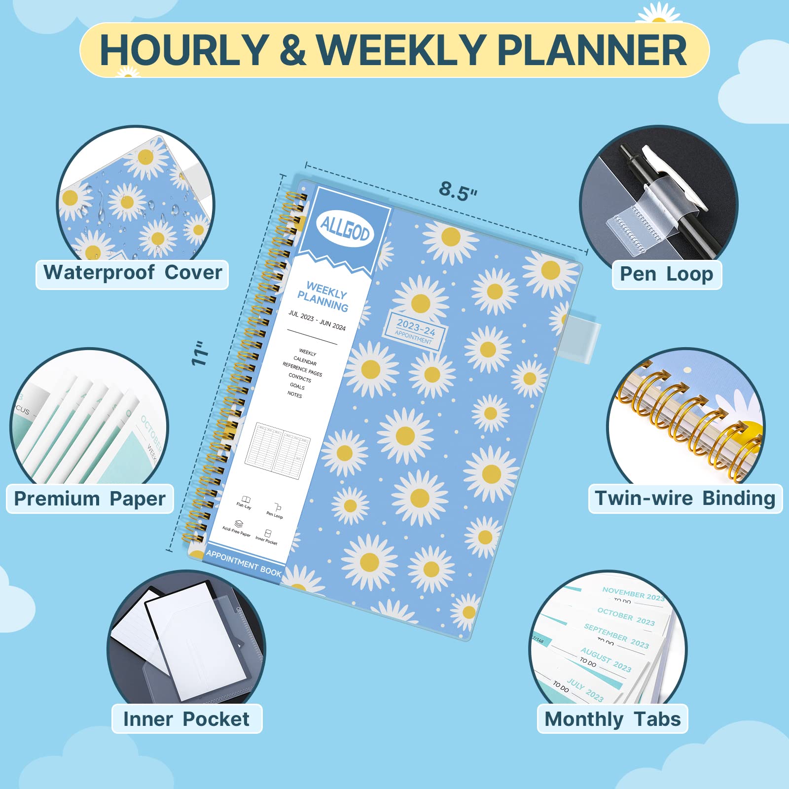 Appointment Book 2023-2024, Weekly Appointment Book,Jul 2023,Jun 2024 with Monthly Tabs, Daily Hourly Planner 2023-2024, 15-Minute Interval, Pocket, 8.5"x11"