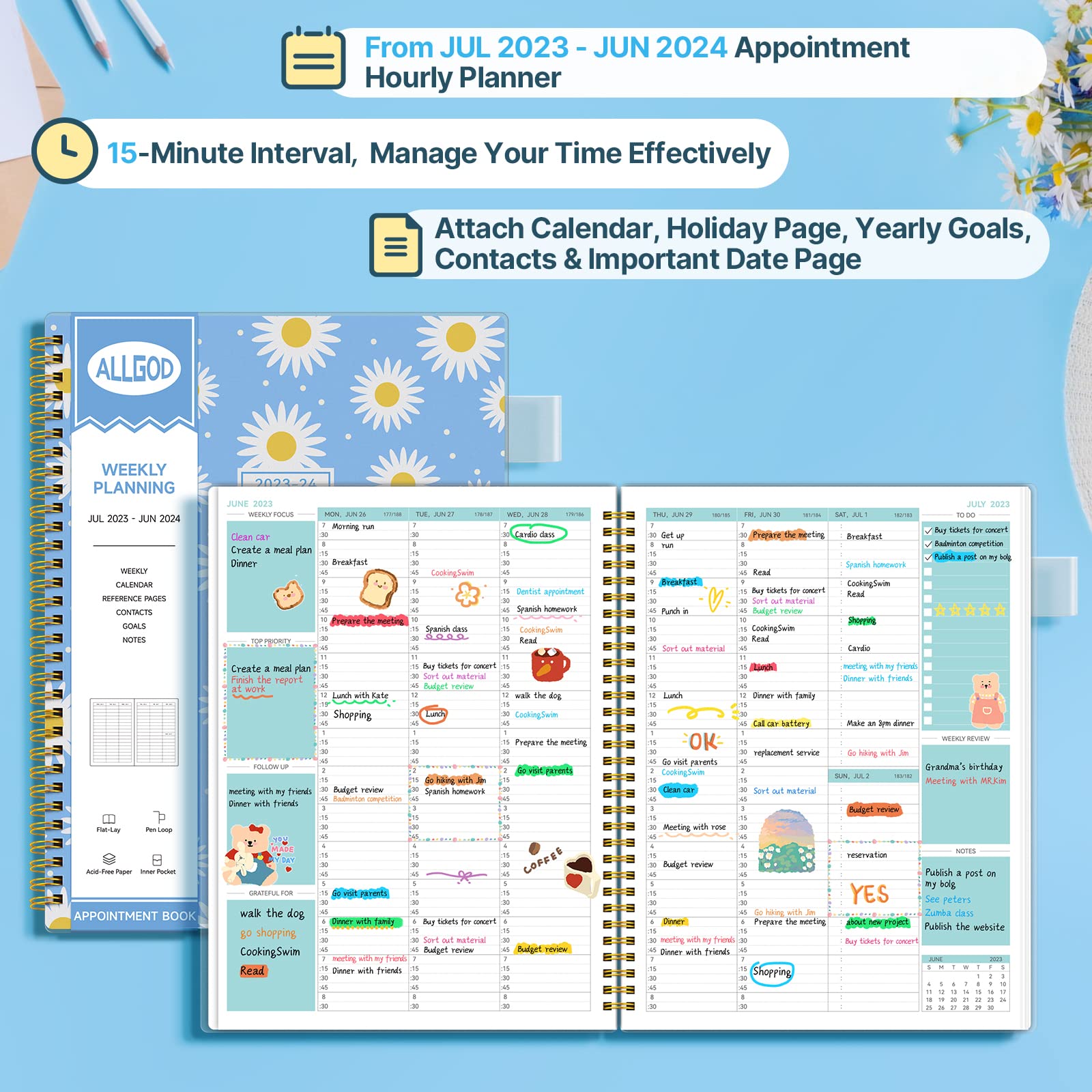 Appointment Book 2023-2024, Weekly Appointment Book,Jul 2023,Jun 2024 with Monthly Tabs, Daily Hourly Planner 2023-2024, 15-Minute Interval, Pocket, 8.5"x11"