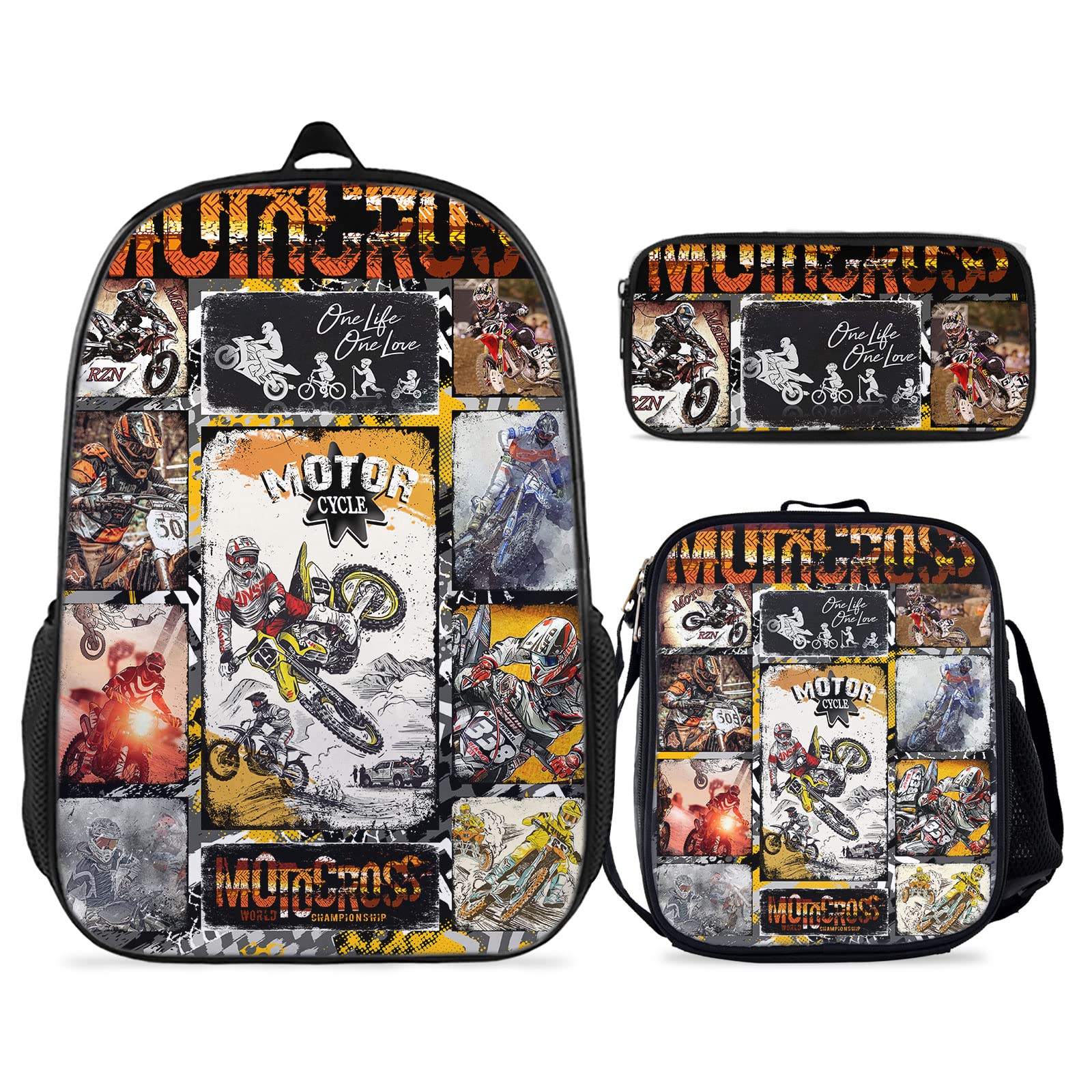 KXZOYLM Motorcycle Backpacks - Dirt Bike Backpack Bundle 3 Pieces for Teens,Boys and Girls Motocross For Kids Includes Bookbags Insulated Lunch Bag and Pencil Case Perfect for School and Everyday Use