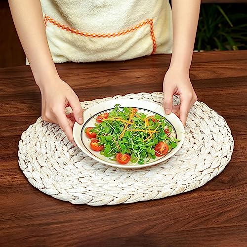 Oval Water Hyacinth Placemats 15.75 x 12 inch Set of 4, White Woven Placemat, Handmade Farmhouse Placemats, Rustic Table Placemat for Dining, Kitchen, Home Decor, Heat Resistant Non-Slip (White)