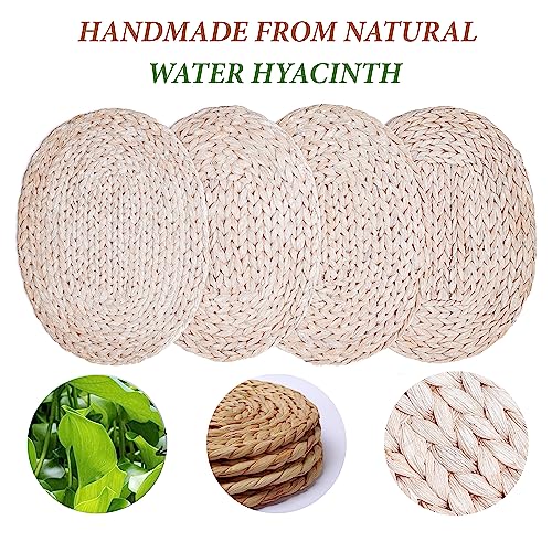 Oval Water Hyacinth Placemats 15.75 x 12 inch Set of 4, White Woven Placemat, Handmade Farmhouse Placemats, Rustic Table Placemat for Dining, Kitchen, Home Decor, Heat Resistant Non-Slip (White)