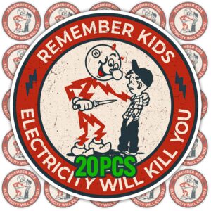 20 pcs/pack reddy kilowatt remember kids electricity will kill you sticker, reddy kilowatt warning caution, funny reddy kilowatt sticker decal for electrician hard hat laptop water bottle car helmet