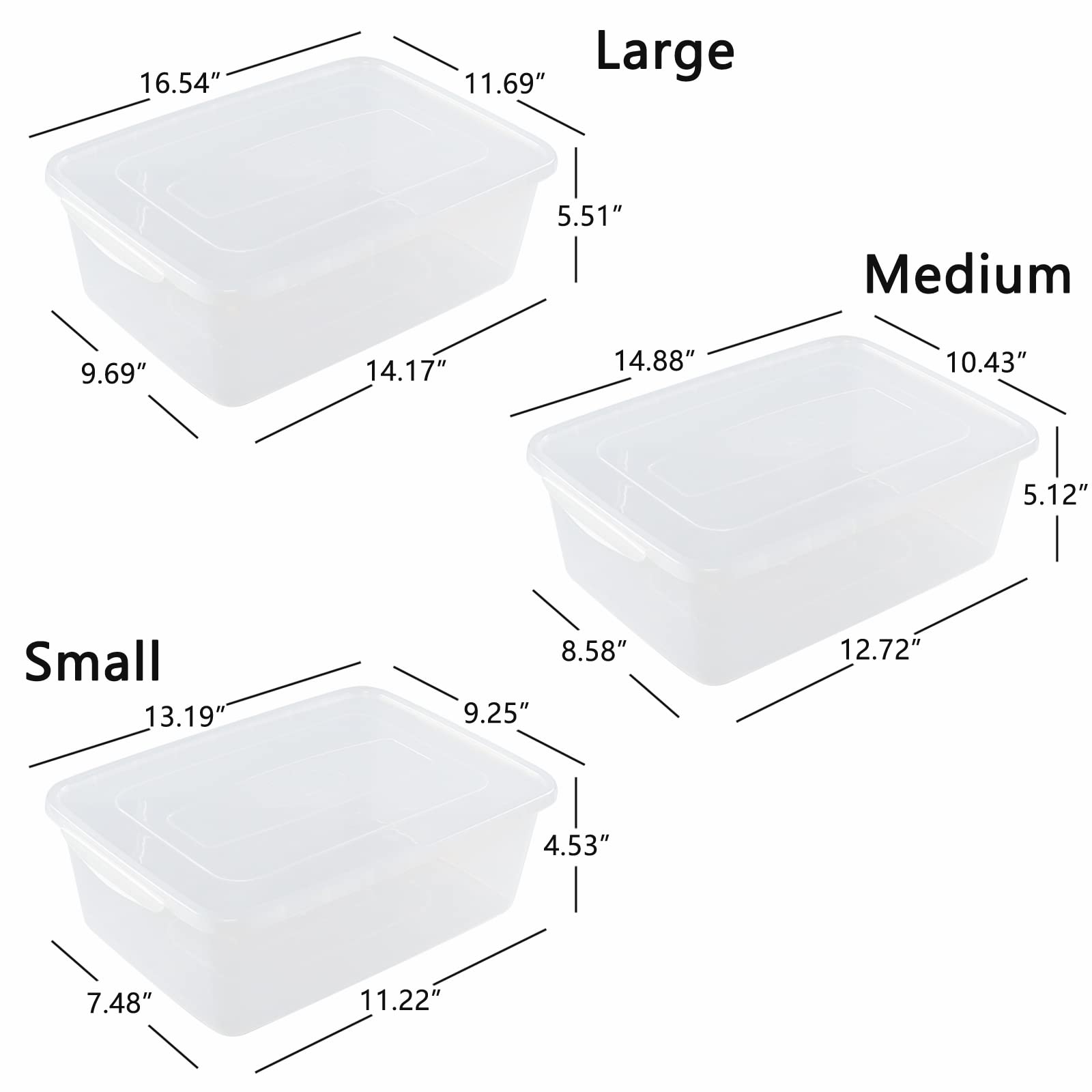 Ggbin 3 Pack Plastic Storage Box with Lid, Clear Oraganzing Bin, Mixed Size, F