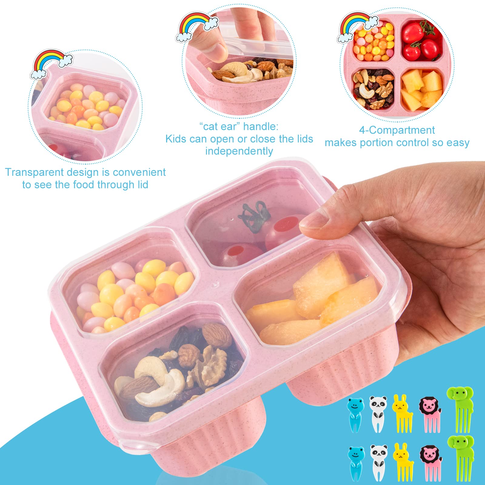 T TRIPLOG Bento Snack Boxes, Reusable 4 Compartments Food Containers for School, Work and Travel, Stackable Set of 4