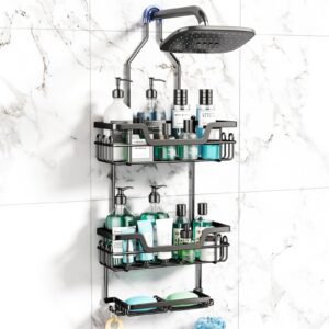 swtymiki 3 tier rustproof hanging shower caddy with 16 hooks & dual soap holder, large capacity over shower organizer for bathroom shower room, black