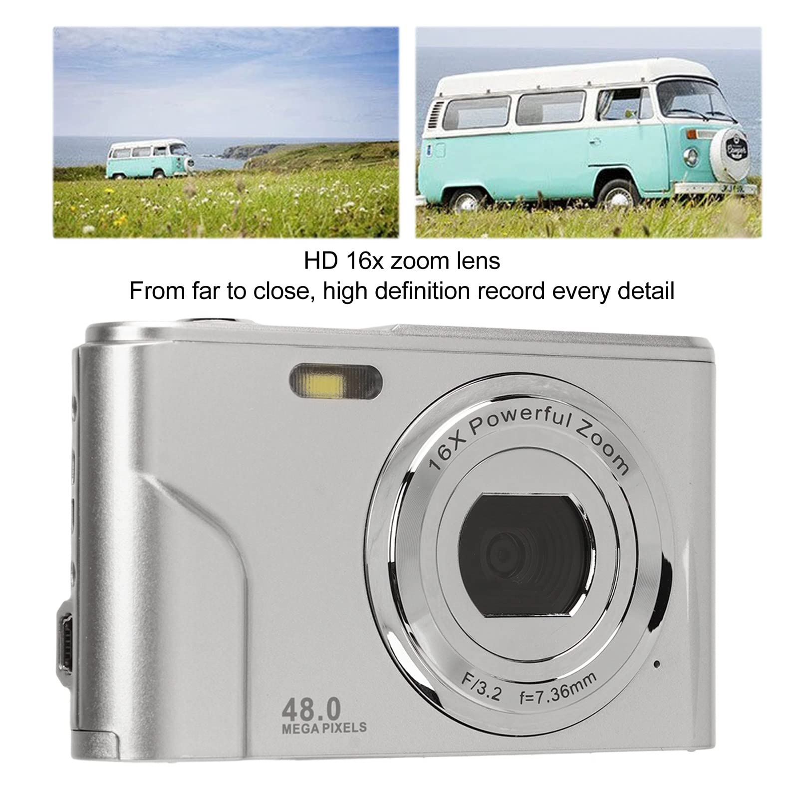 Portable Digital Camera, 48MP 16X Digital Zoom Camera, 2.4in IPS Display Pocket Camera, Auto Focus and Light Sensitivity, Anti Shaking, Auto Beauty (Space Silver)