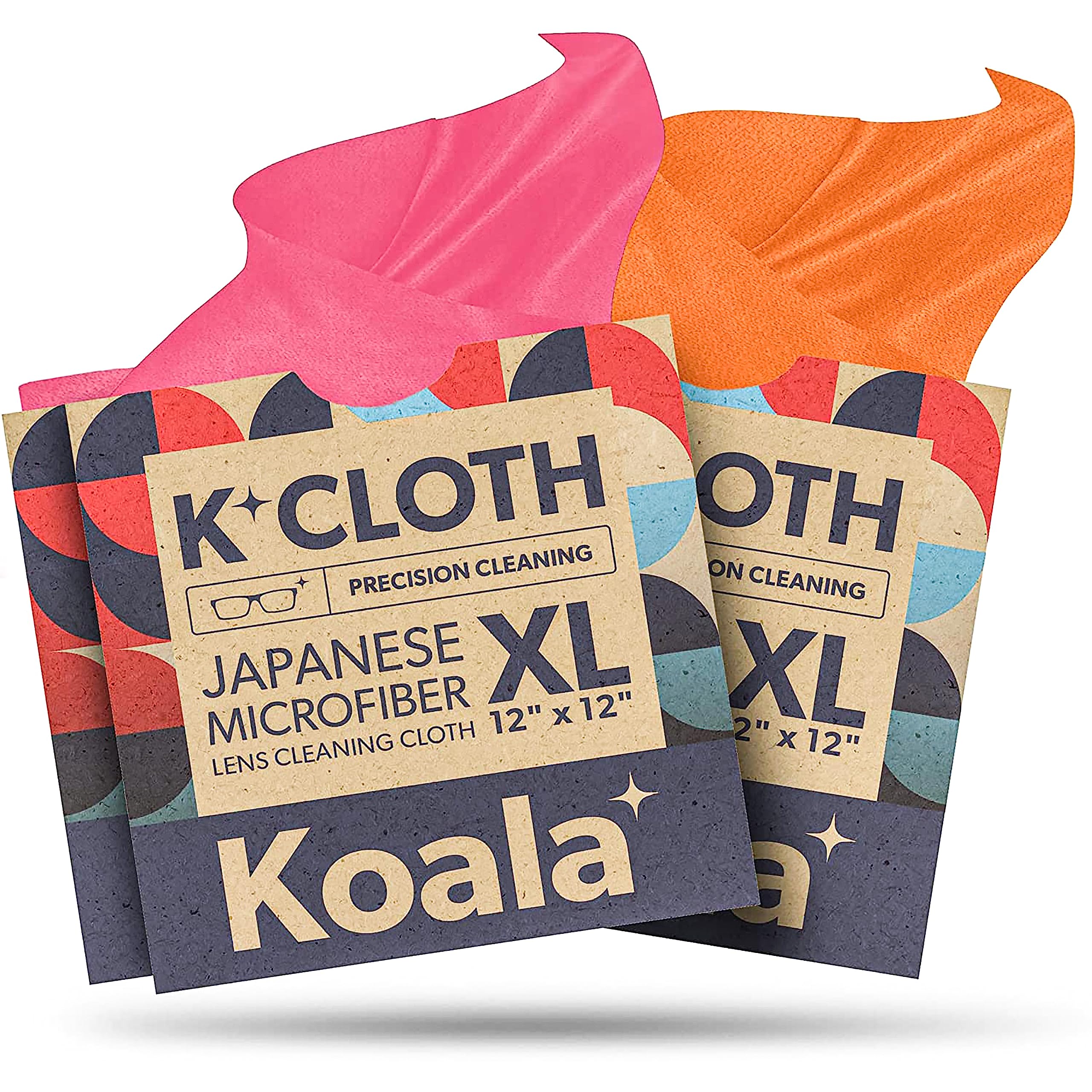 Koala Lens Cleaning Cloth | Japanese Microfiber | Glasses Cleaning Cloths | Eyeglass Lens Cleaner | Eyeglasses, Camera Lens, VR/AR Headset, and Screen Cleaning | Pink & Orange (Pack of 3)