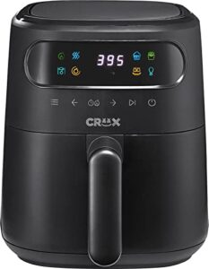 crux x marshmello 3.0 qt digital air fryer with turbocrisp technology, touch screen temperature control, timer and auto shut-off, fully programmable, silicone cupcake molds included, black