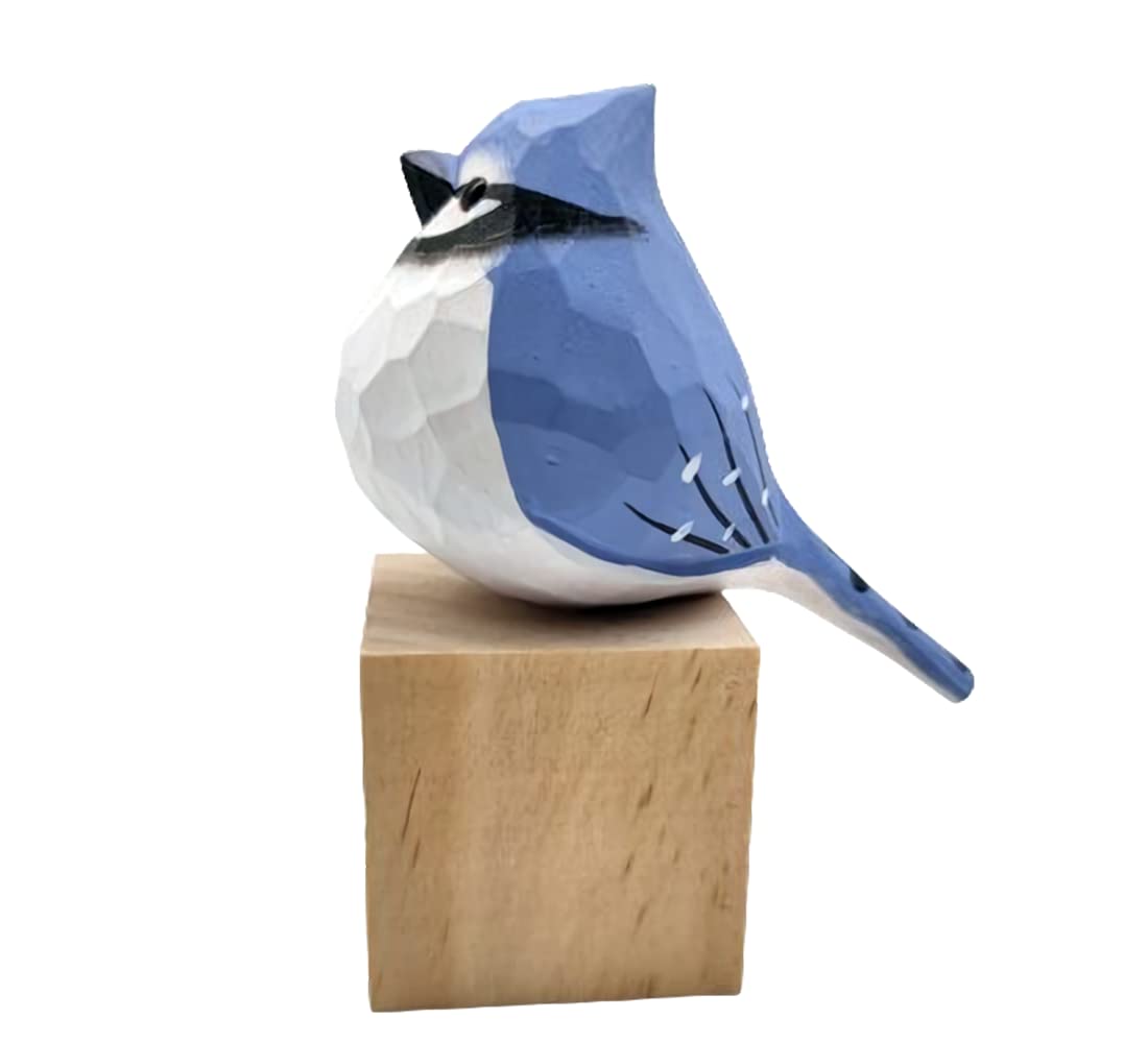 TALKLEK Hand Carved Wooden Bird Figurines, Creative Small Bird Statue for Home Decor, Bird Gifts for Bird Lovers (Blue Jay)